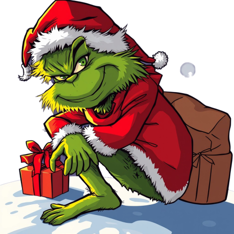 A Grinch character sitting on the ground, smiling, with a colorful gift ...